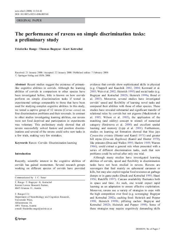 (PDF) The performance of ravens on simple discrimination tasks: a ...