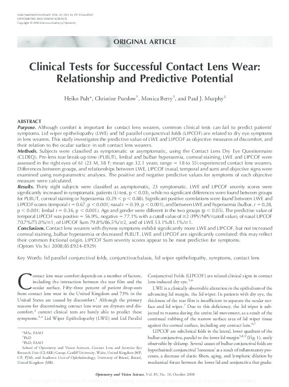(PDF) Clinical Tests for Successful Contact Lens Wear: Relationship and ...