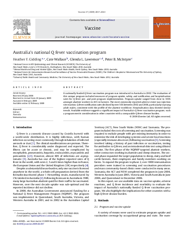 (PDF) Australia's national Q fever vaccination program