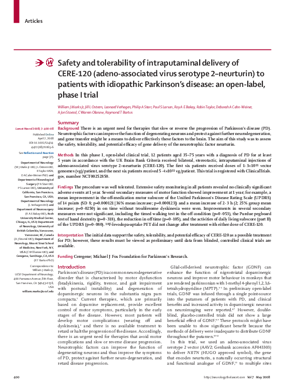 (PDF) Safety and tolerability of intraputaminal delivery of CERE-120 ...