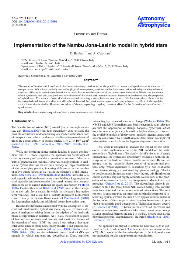 (PDF) Implementation of the Nambu Jona-Lasinio model in hybrid stars