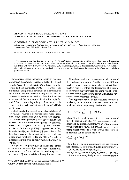 (PDF) Realistic many-body wave functions and nucleon momentum distributions in finite nuclei