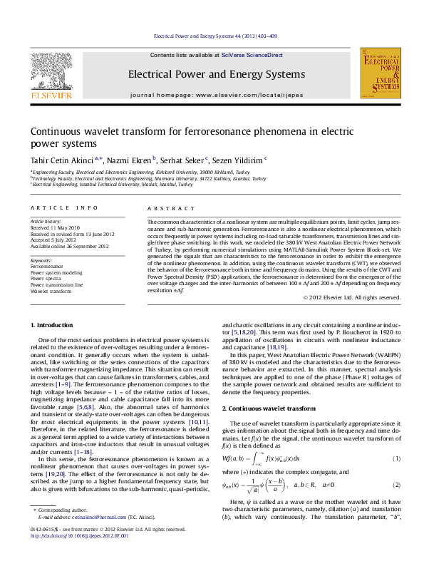 Pdf Continuous Wavelet Transform For Ferroresonance Phenomena In Electric Power Systems