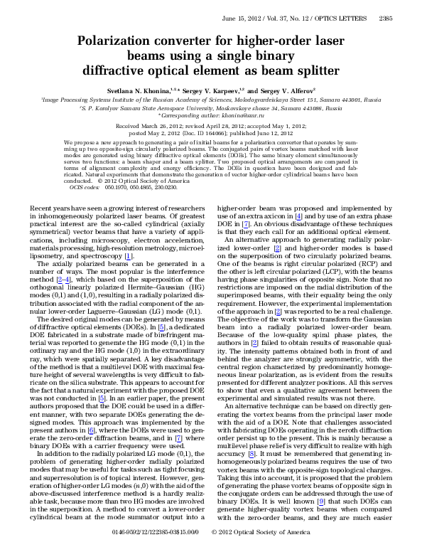 (PDF) Polarization converter for higher-order laser beams using a single binary diffractive ...