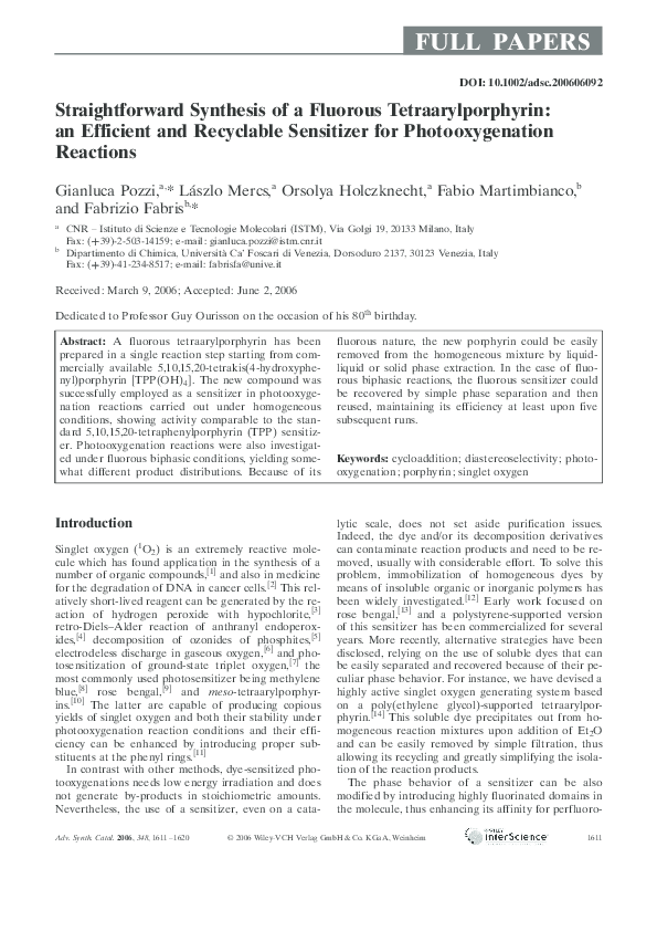 (PDF) Straightforward Synthesis of a Fluorous Tetraarylporphyrin: an ...