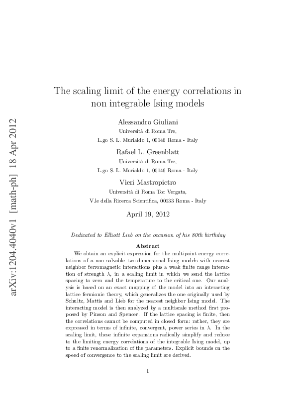 (PDF) The scaling limit of the energy correlations in non-integrable Ising models