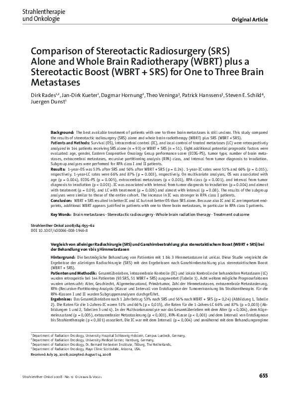 (PDF) Comparison of stereotactic radiosurgery (SRS) alone and whole brain radiotherapy (WBRT ...
