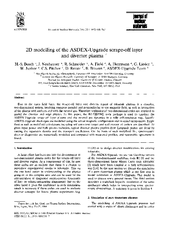 (PDF) 2D modelling of the ASDEX-Upgrade scrape-off layer and divertor plasma