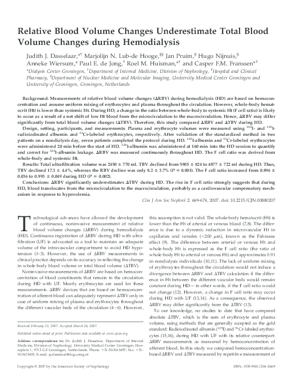 (PDF) Relative Blood Volume Changes Underestimate Total Blood Volume ...