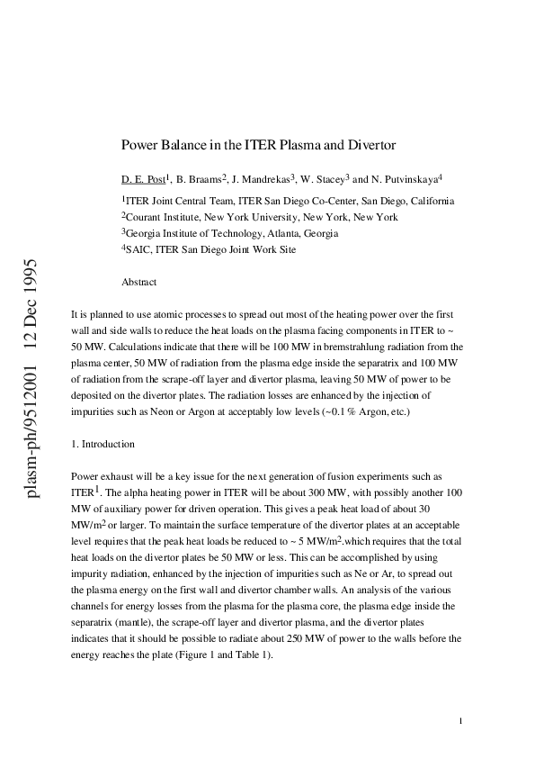 (PDF) Power Balance in the ITER Plasma and Divertor