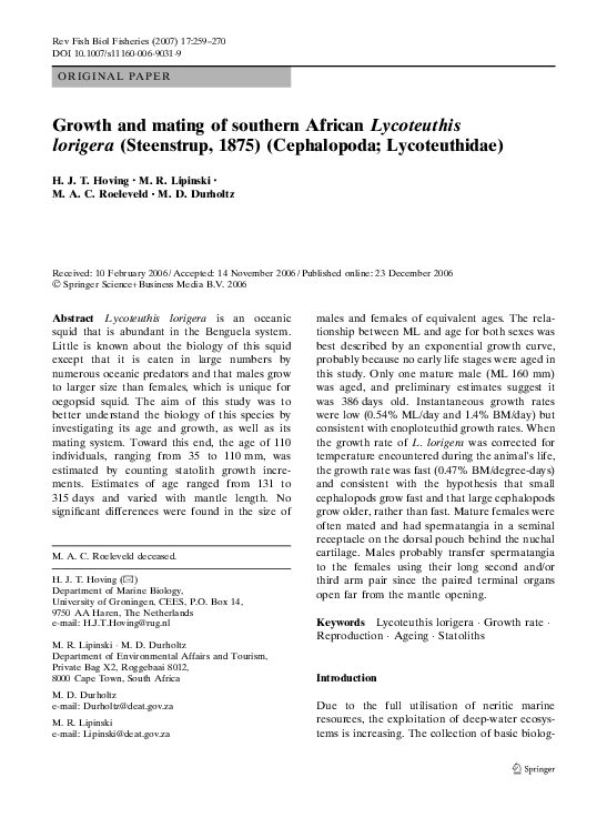 (PDF) Growth and mating of southern African Lycoteuthis lorigera ...