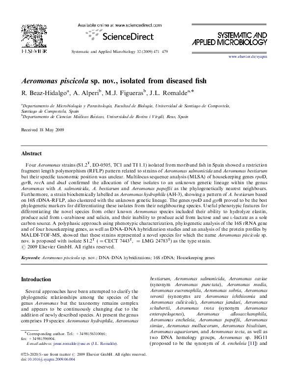 (PDF) Aeromonas piscicola sp. nov., isolated from diseased fish