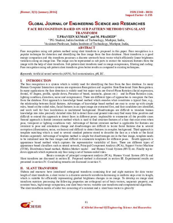 Pdf Face Recognition Using Sub Pattern Method Using Slant Transform Gjesr Journal