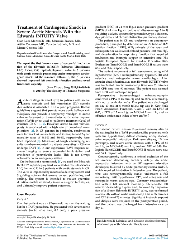(PDF) Treatment of Cardiogenic Shock in Severe Aortic Stenosis With the ...
