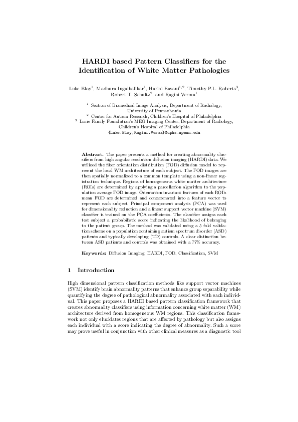 (PDF) HARDI Based Pattern Classifiers for the Identification of White Matter Pathologies