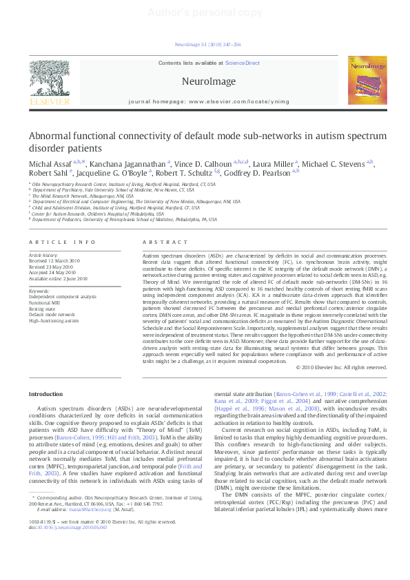 (PDF) Abnormal functional connectivity of default mode sub-networks in autism spectrum disorder ...