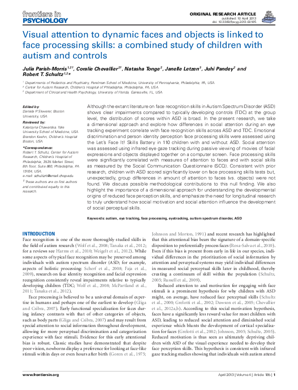 Pdf Visual Attention To Dynamic Faces And Objects Is Linked To Face Processing Skills A