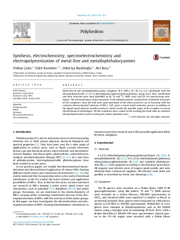 (PDF) Synthesis, electrochemistry, spectroelectrochemistry and electrocolorimetry of ...