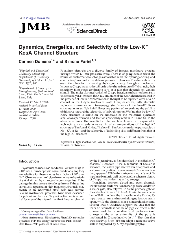 (PDF) Dynamics, Energetics, and Selectivity of the Low-K + KcsA Channel ...