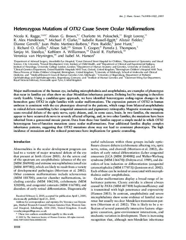 (PDF) Heterozygous Mutations of OTX2 Cause Severe Ocular Malformations