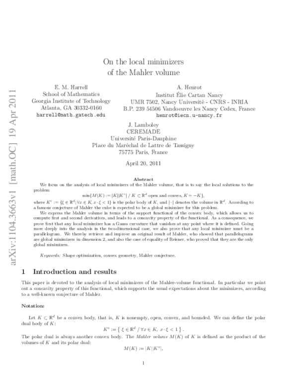 (PDF) On the local minimizers of the Mahler volume