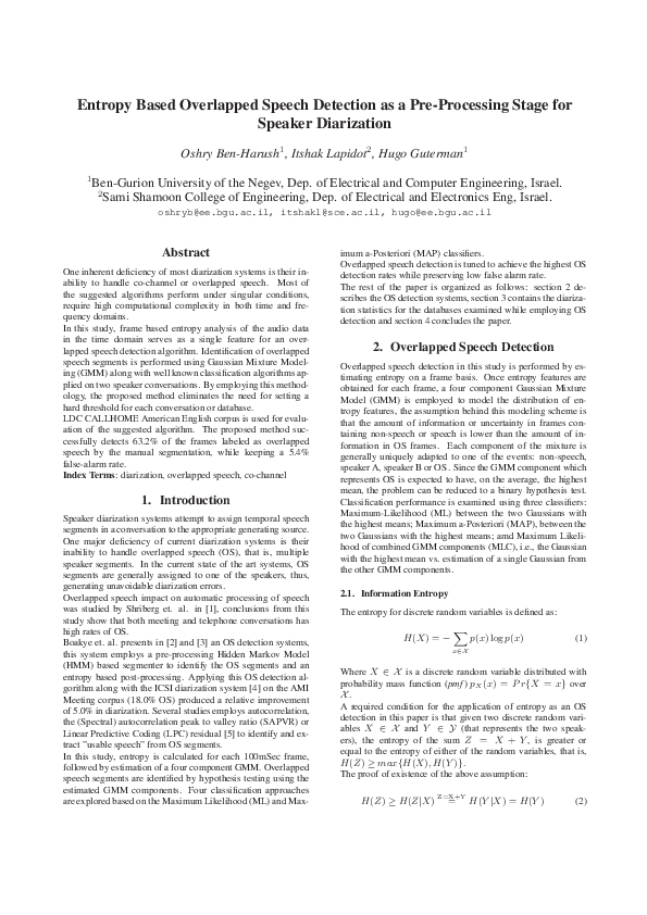 (PDF) Entropy Based Overlapped Speech Detection as a Pre-Processing Stage for Speaker Diarization