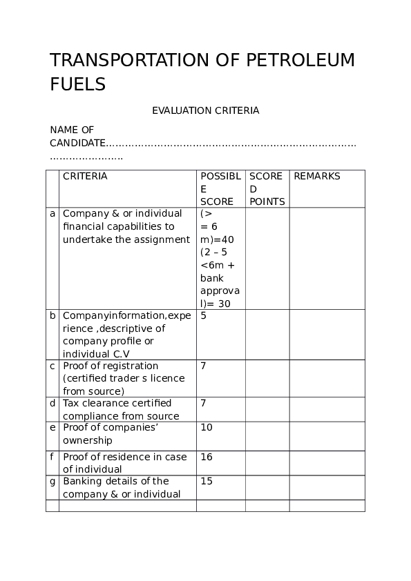 TRANSPORTATION OF PETROLEUM FUELS EVALUATION CRITERIA NAME OF CANDIDATE