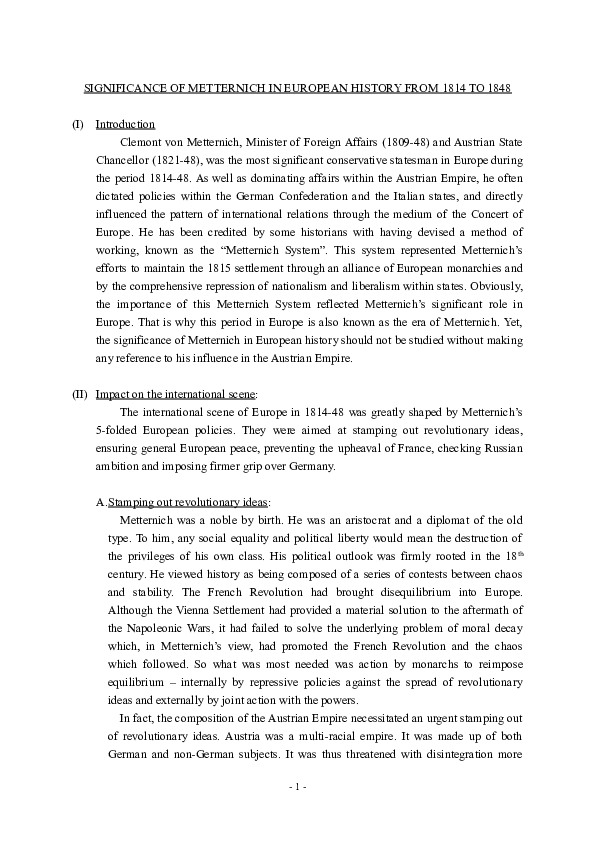 (DOC) SIGNIFICANCE OF METTERNICH in European History