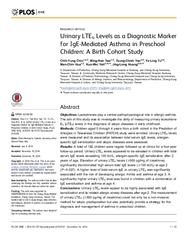 Pdf Urinary Lte4 As A Diagnostic Marker For Asthma In Preschoolers