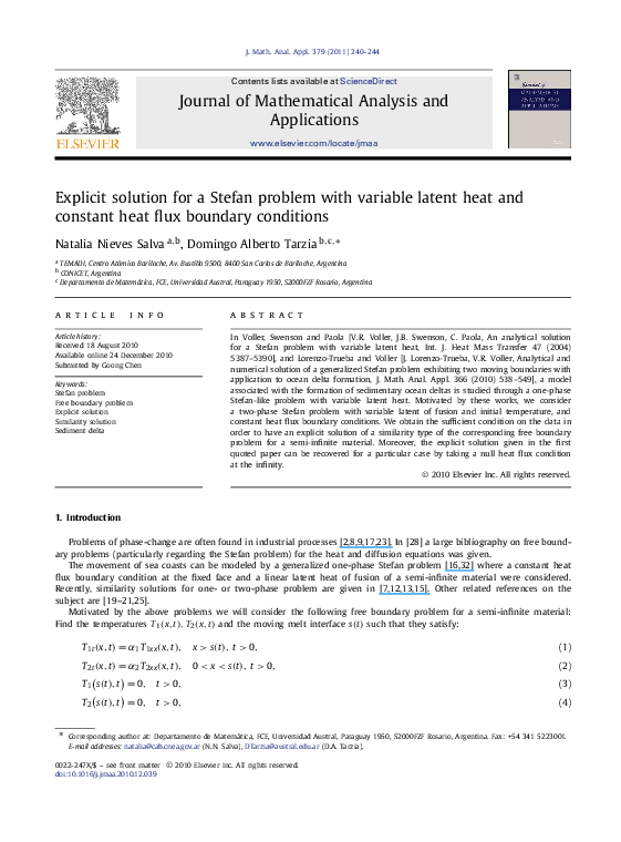 (PDF) Explicit solution for a Stefan problem with variable latent heat and constant heat flux ...
