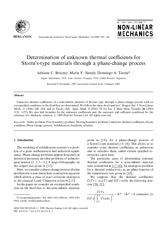 Pdf Determination Of Unknown Thermal Coefficients For Storms Type Materials Through A Phase