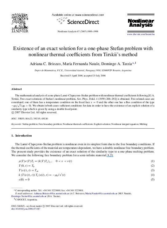 (PDF) Existence of an exact solution for a one-phase Stefan problem with nonlinear thermal ...