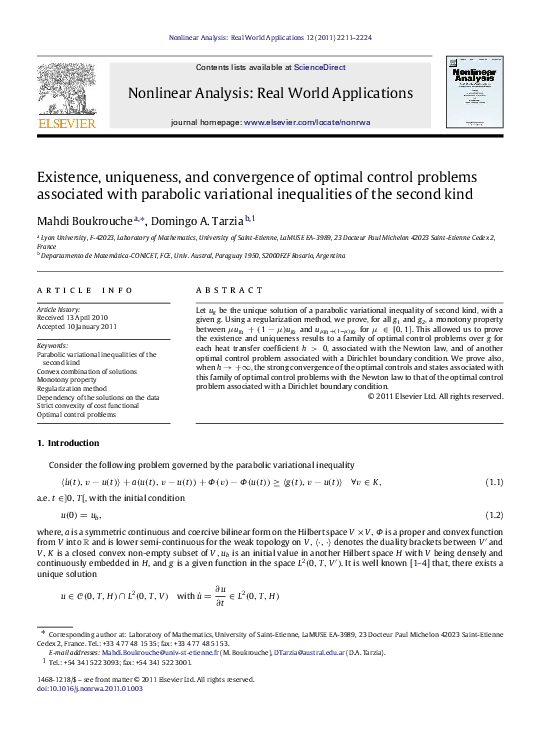 Pdf Existence Uniqueness And Convergence Of Optimal Control