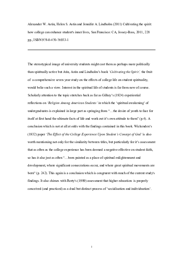 (DOC) Book Review: Cultivating the spirit: how college can enhance ...