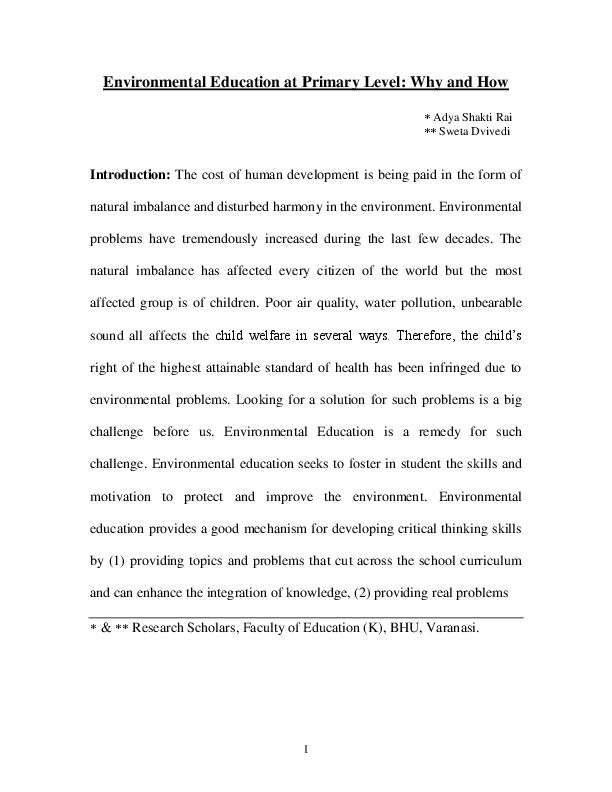 (PDF) Environmental Education at Primary Level: Why and How