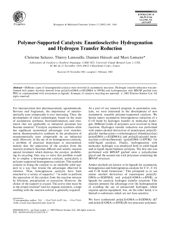 (PDF) Polymer-supported catalysts: enantioselective hydrogenation and ...