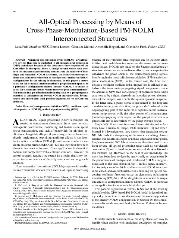 (PDF) All-Optical Processing by Means of Cross-Phase-Modulation-Based PM-NOLM Interconnected ...