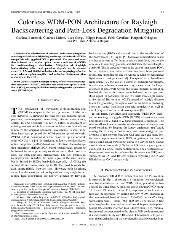 (PDF) Colorless WDM-PON Architecture for Rayleigh Backscattering and ...