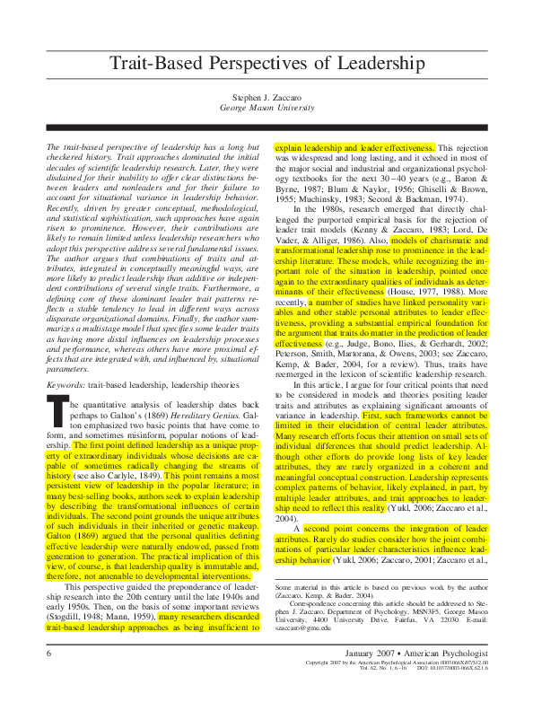 (PDF) Trait-Based Perspectives of Leadership