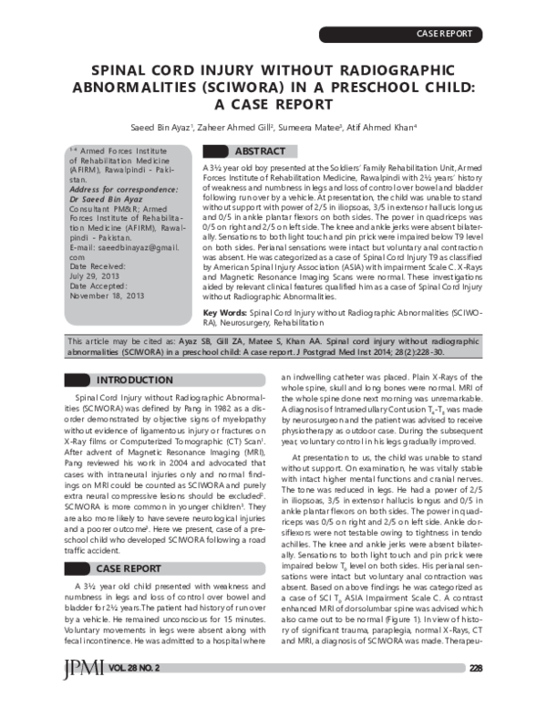 (PDF) Spinal cord injury without radiographic abnormality in children ...