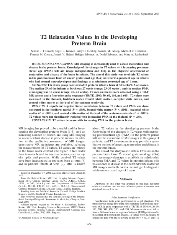 (PDF) T2 relaxation values in the developing preterm brain