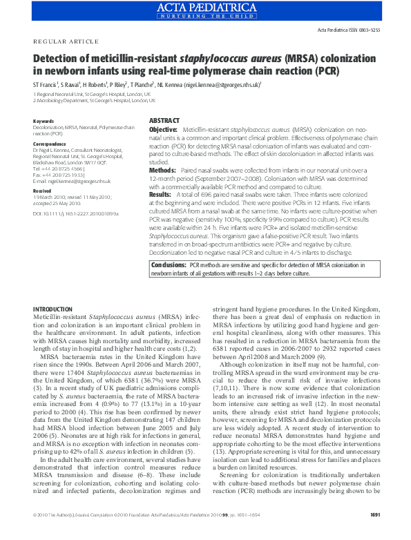 (PDF) Detection of meticillin-resistant staphylococcus aureus (MRSA) colonization in newborn ...
