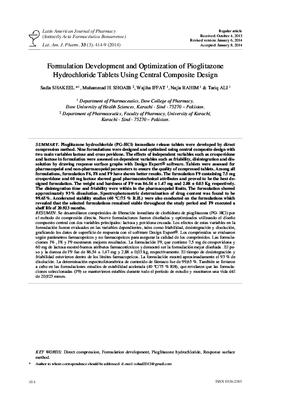 Pdf Formulation Development And Optimization Of Pioglitazone Hydrochloride Tablets Using