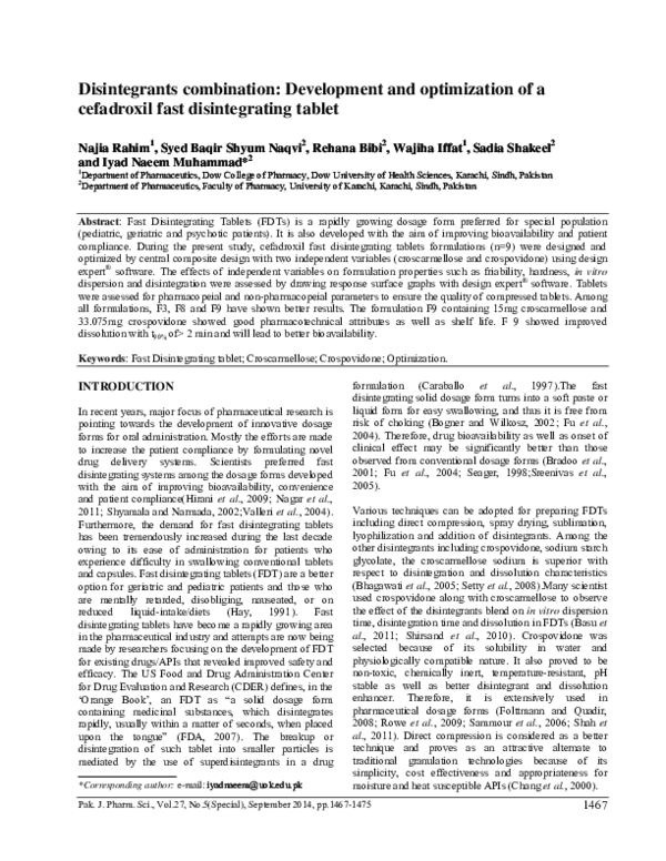 (PDF) Disintegrants combination: development and optimization of a cefadroxil fast ...