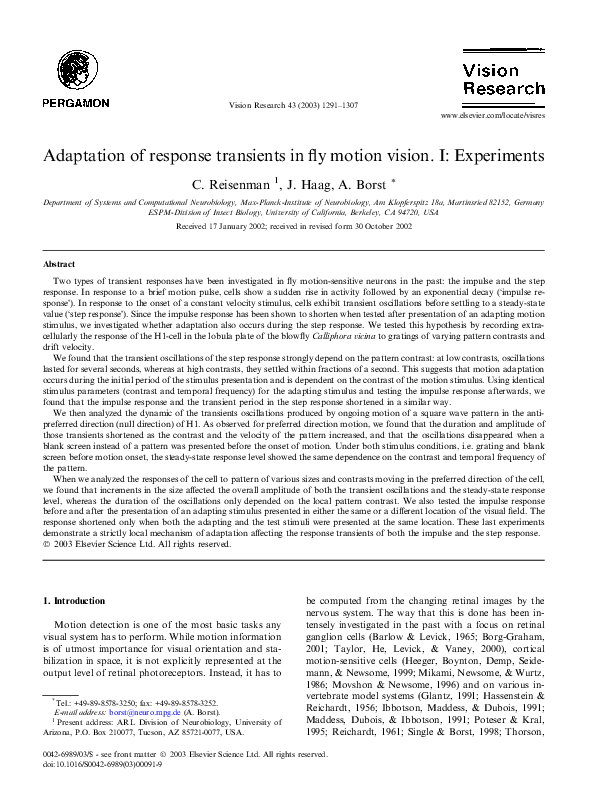 (PDF) Adaptation of response transients in fly motion vision. I ...