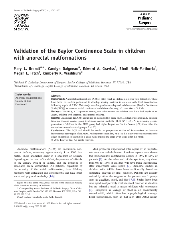 (PDF) Validation of the Baylor Continence Scale in children with ...