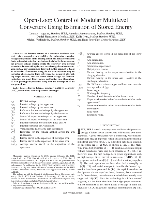 Pdf Open Loop Control Of Modular Multilevel Converters Using