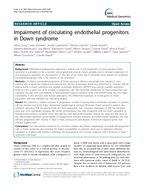 (PDF) Impairment of circulating endothelial progenitors in Down syndrome | Bice Avallone ...