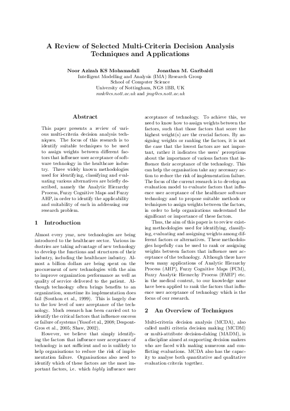 (PDF) A Review of Selected Multi-Criteria Decision Analysis Techniques and Applications