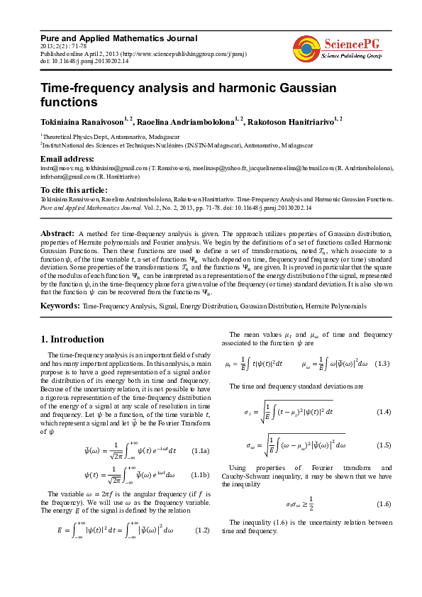 (PDF) Time-Frequency Analysis and Harmonic Gaussian Functions